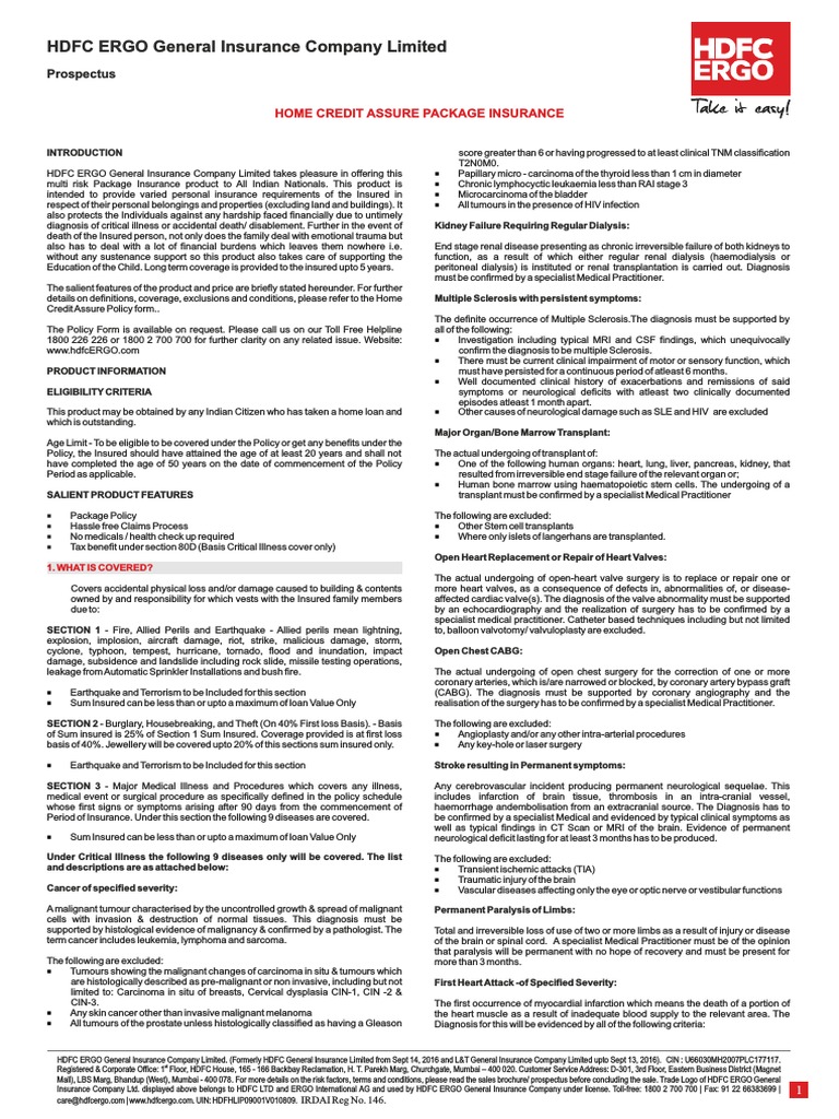 HDFC ERGO General Insurance Company Limited: Home Credit Assure Package Insurance | PDF | Stroke ...