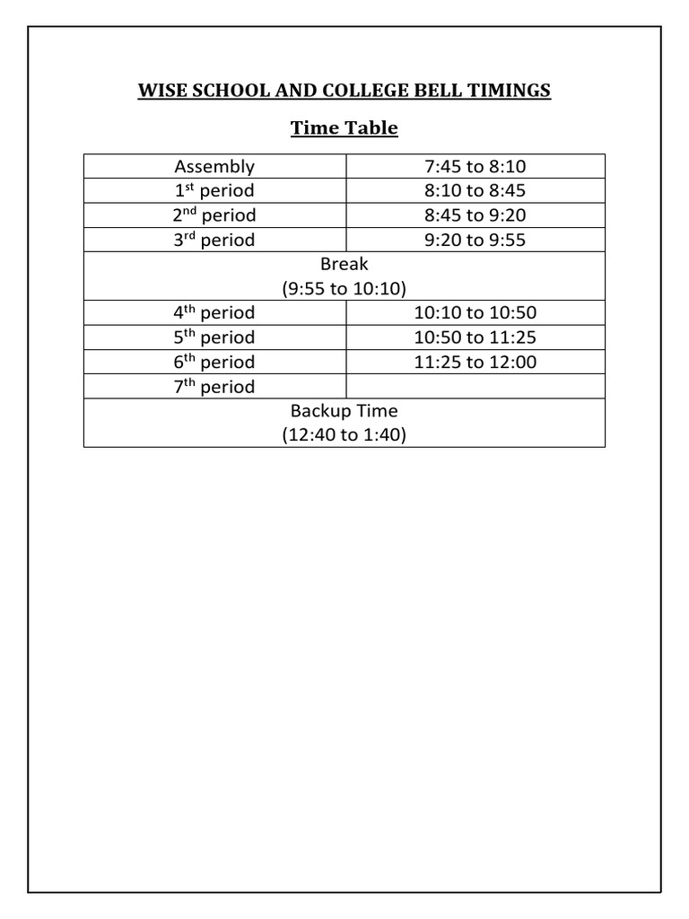 Wise School and College Bell Timings Time Table: ST ND RD | PDF ...