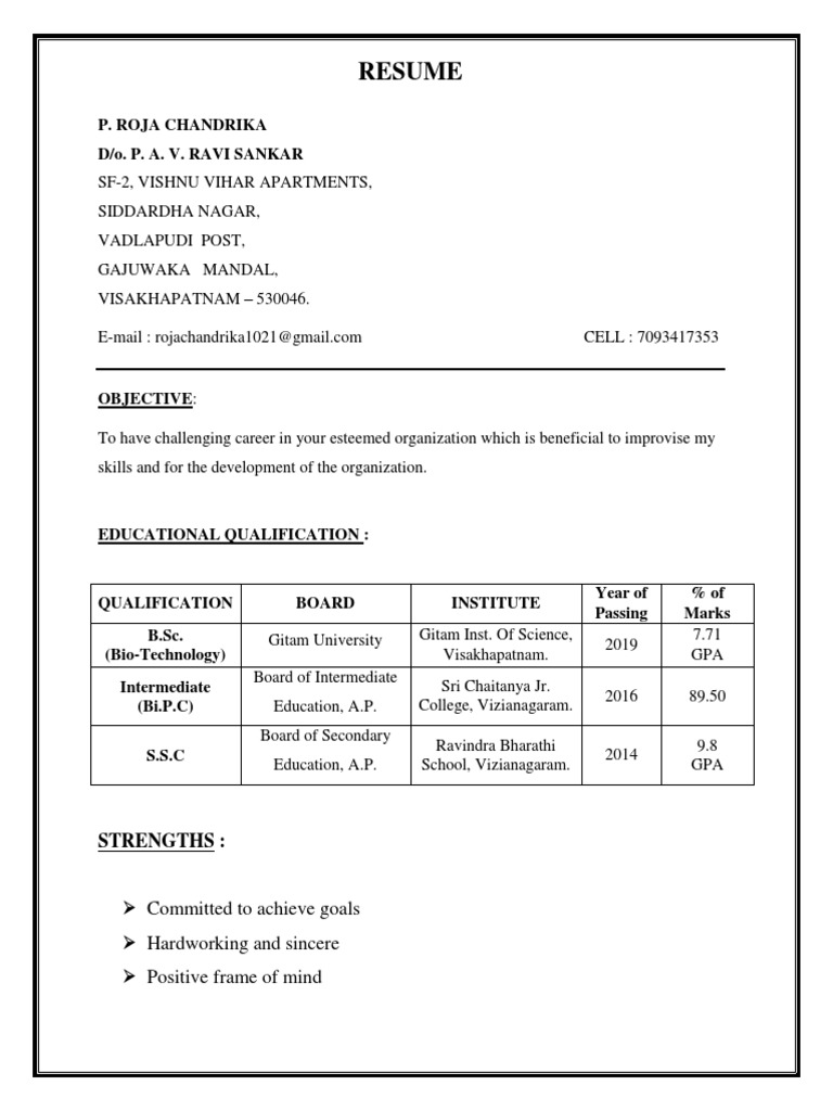 Resume: P. Roja Chandrika D/O. P. A. V. Ravi Sankar | PDF