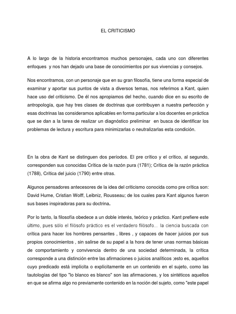El Criticismo de Kant en la Filosofía | PDF | A priori y a posteriori ...