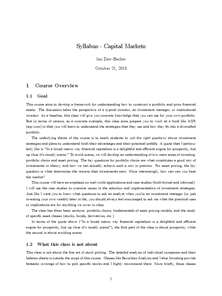 Syllabus - Capital Markets: 1 Course Overview | PDF | Investment ...