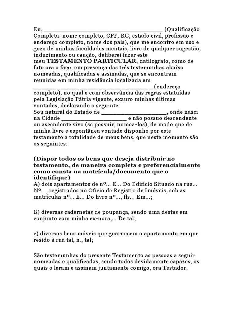 Modelo de Testamento Particular | PDF | Testamento
