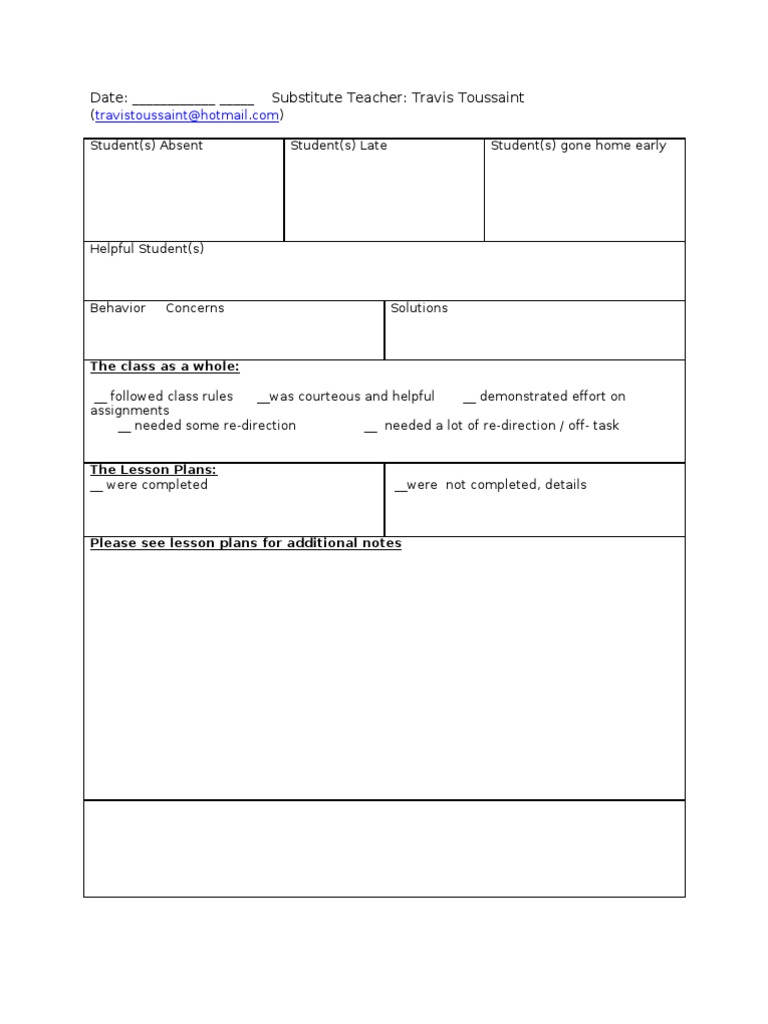Substitute Teacher Report | PDF | Lesson Plan | Education Theory