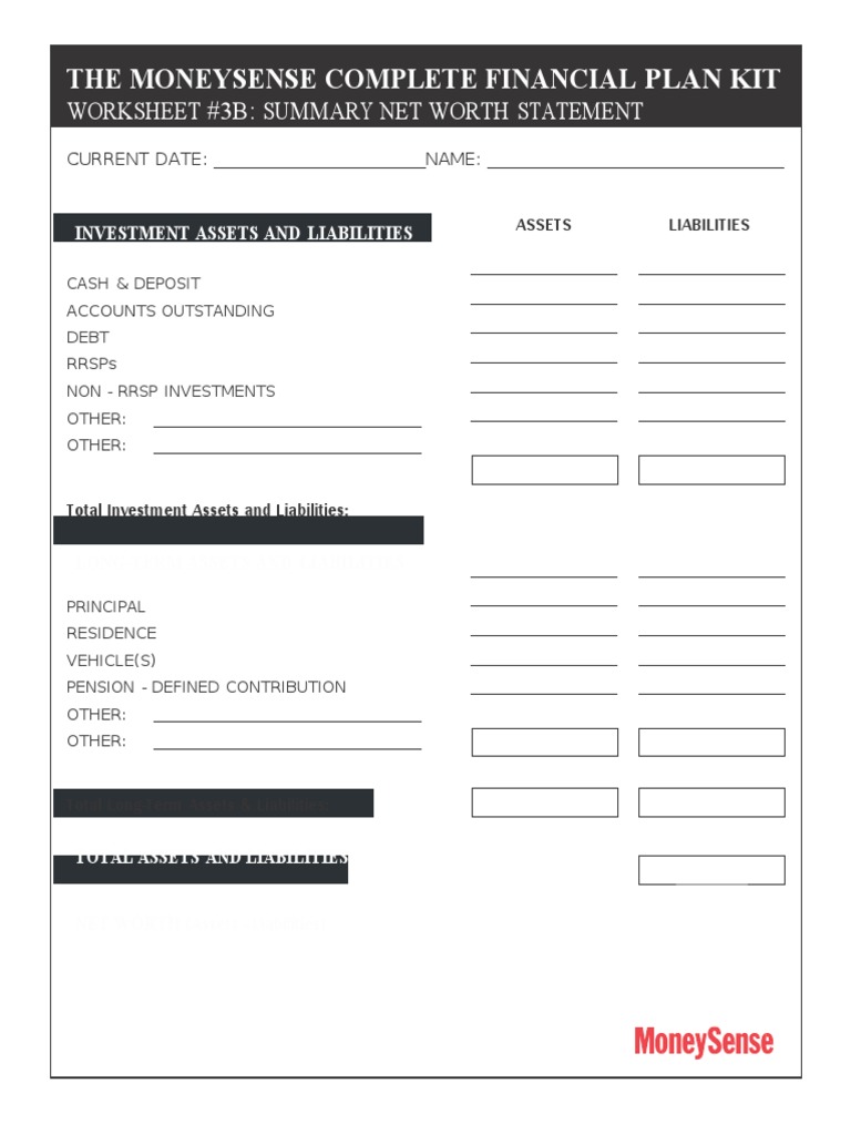 The Moneysense Complete Financial Plan Kit: Worksheet #3B: Summary Net ...