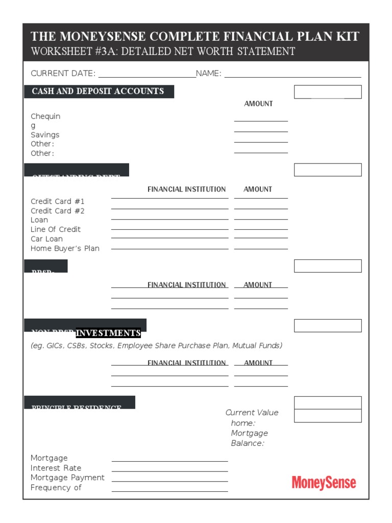 Worksheet 3A Detailed Net Worth Statement | PDF