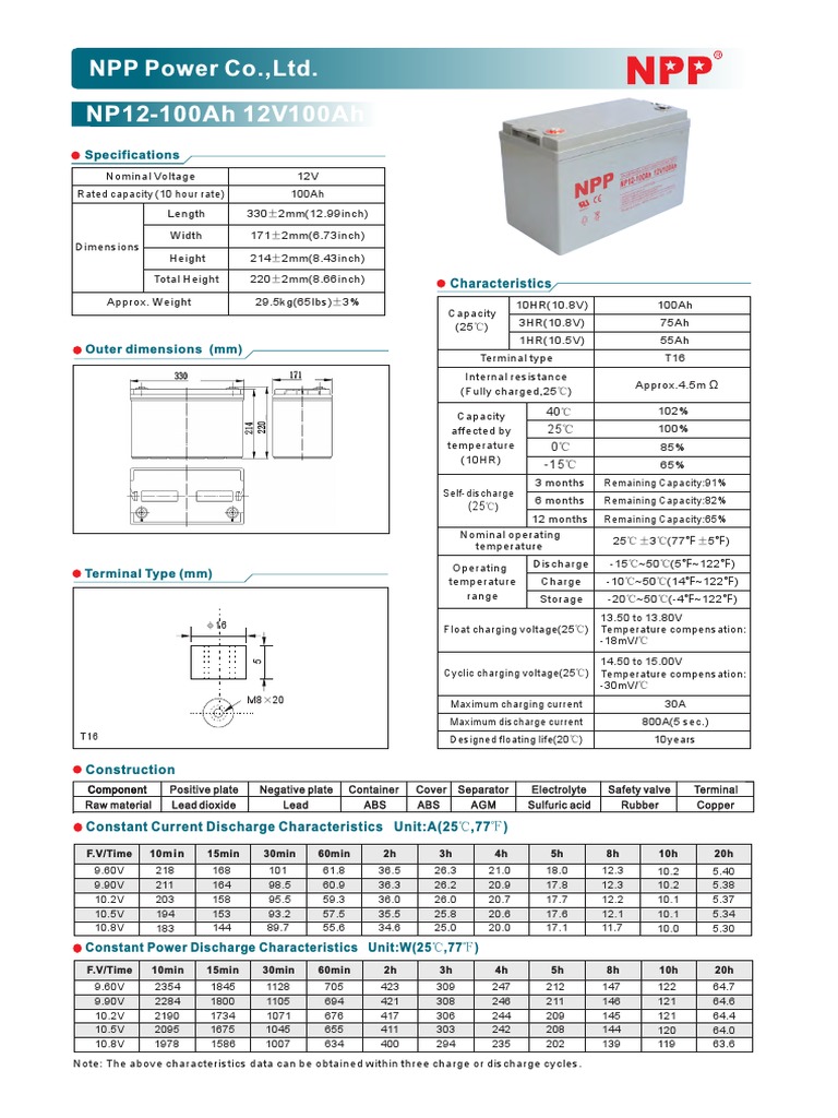 Specifications and Performance Characteristics of the NP12-100Ah 12V ...