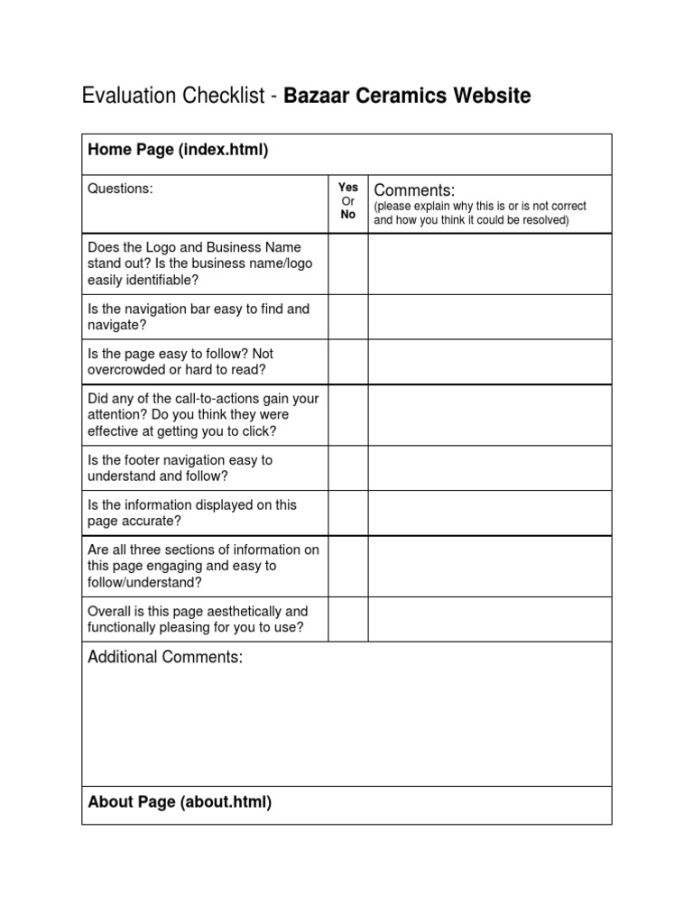 Bazaar Ceramics Website Evaluation Checklist | PDF
