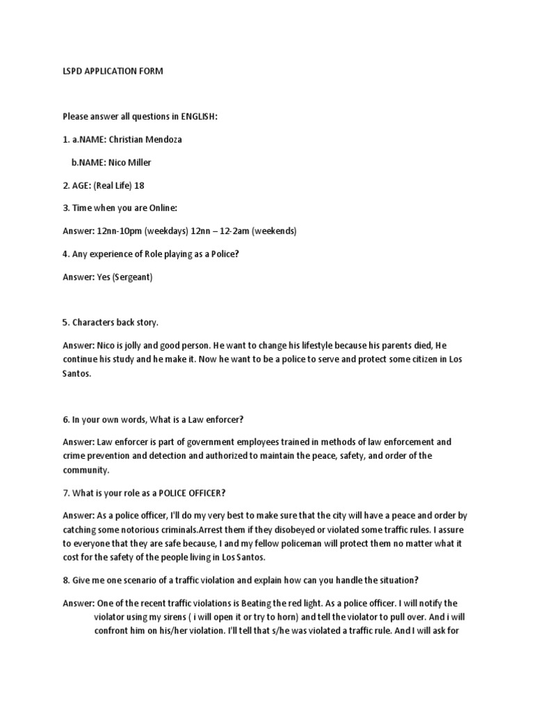 Nico Miller Lspd Application Form | Police Officer | Police
