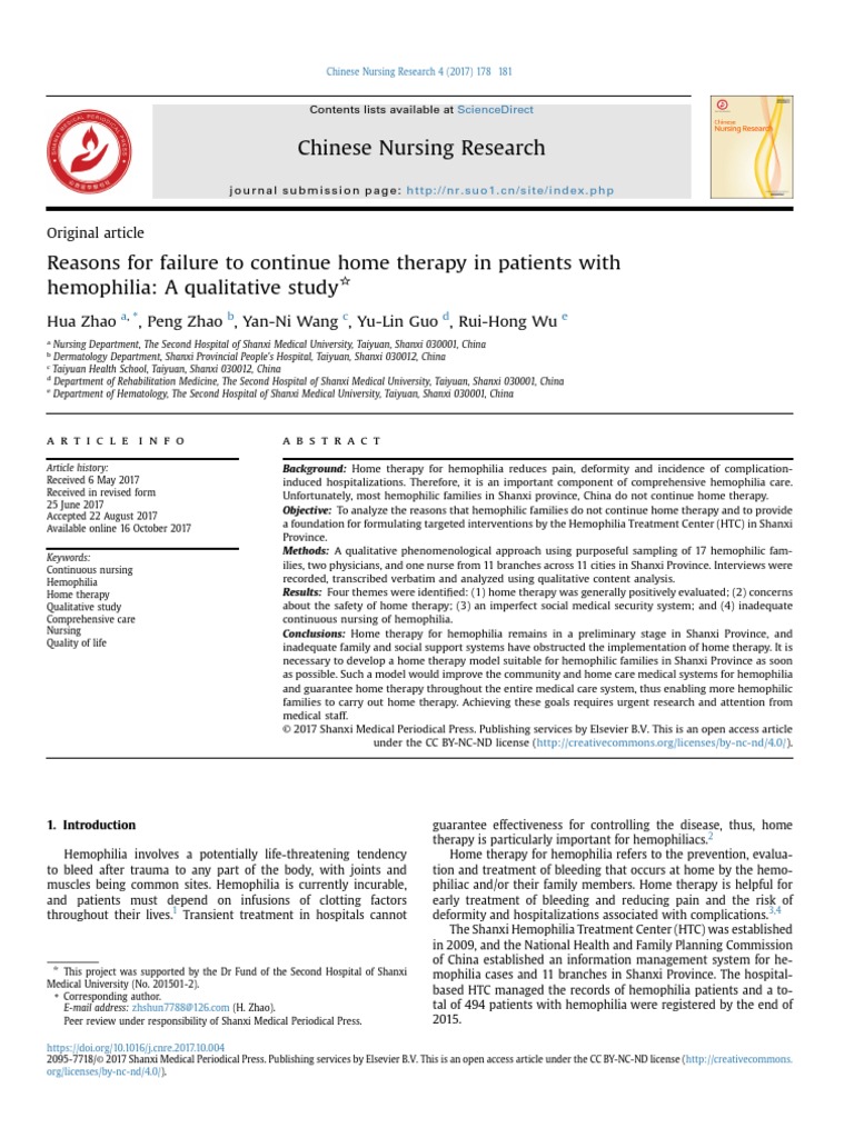 Chinese Nursing Research: Hua Zhao, Peng Zhao, Yan-Ni Wang, Yu-Lin Guo ...