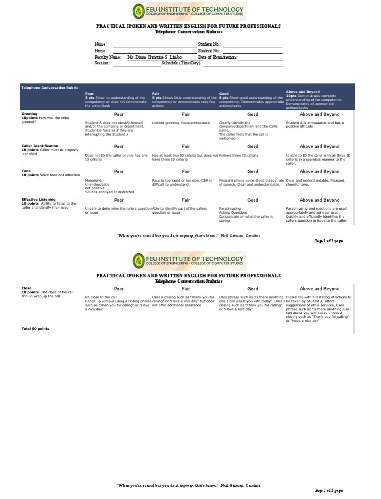 Telephone Conversation Evaluation Rubric | PDF | Semiotics | Human ...