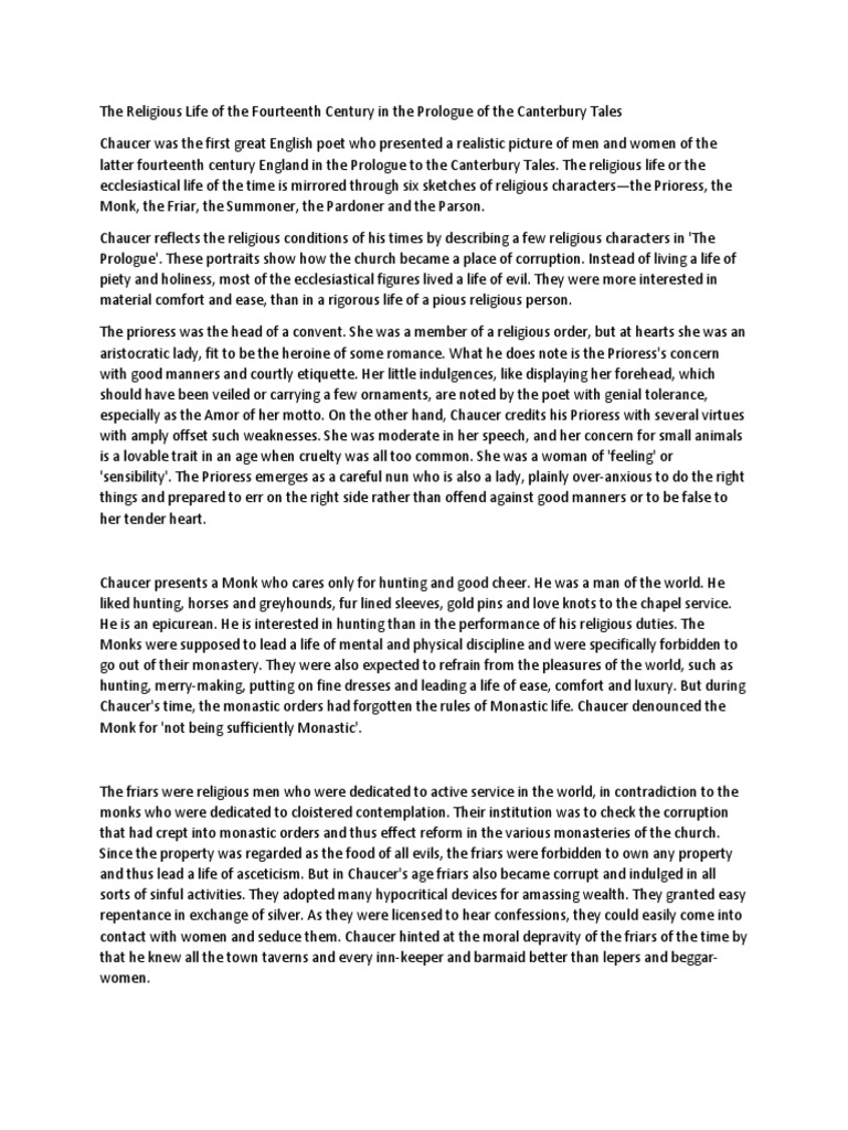 The Religious Life of The Fourteenth Century in The Prologue of The ...