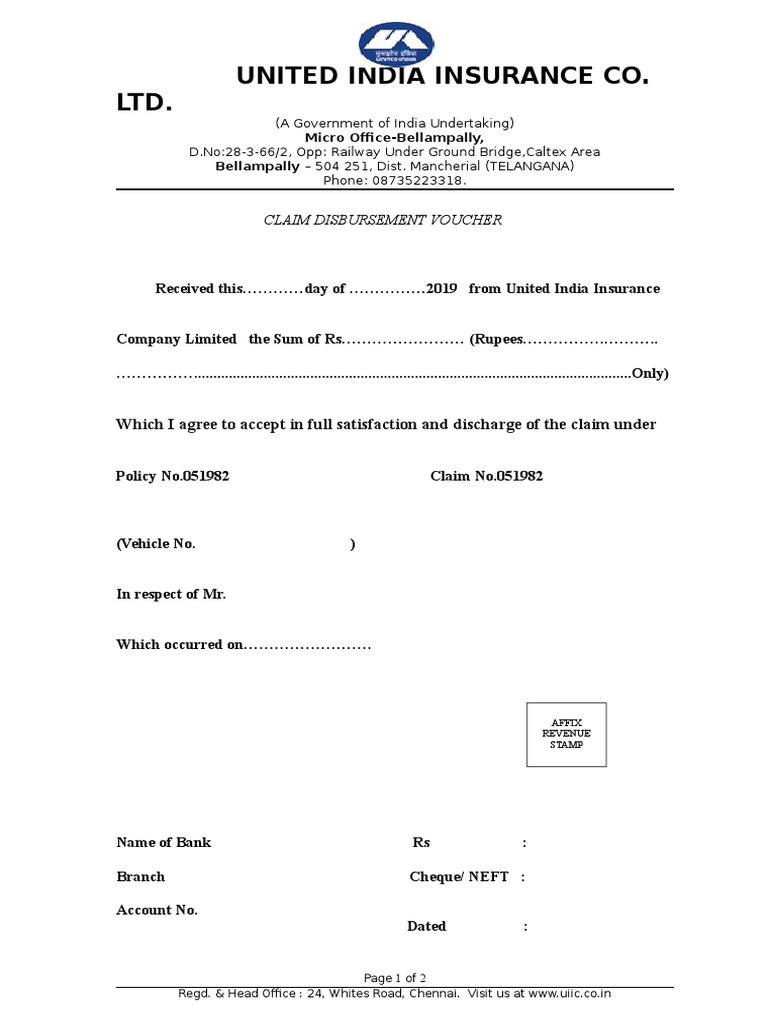 United India Insurance Co. LTD: Claim Disbursement Voucher | PDF