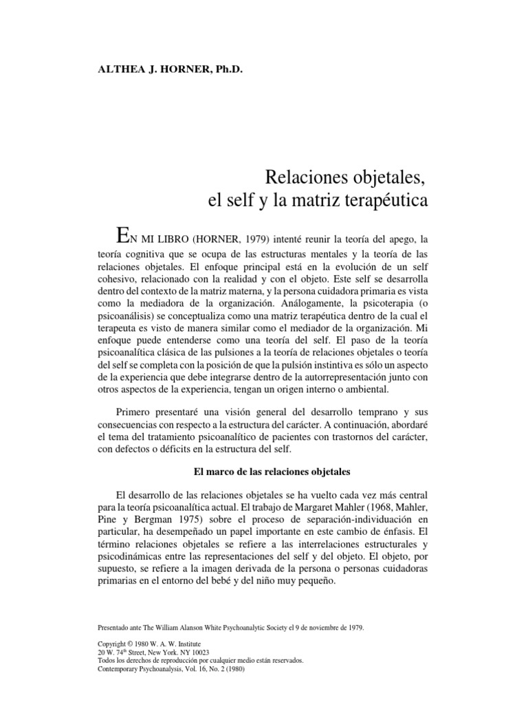 Horner, Althea J. (1980) Relaciones Objetales, El Self y La Matriz ...