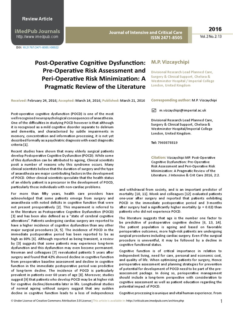 Postoperative Cognitive Dysfunction Preoperative Risk Assessment and ...