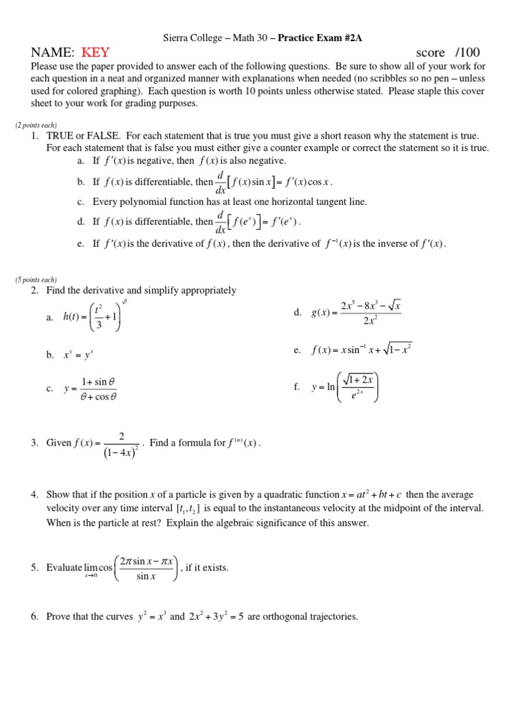 Name: Score /100: D FX X FX X DX D Fe Fe DX F X | PDF | Derivative ...