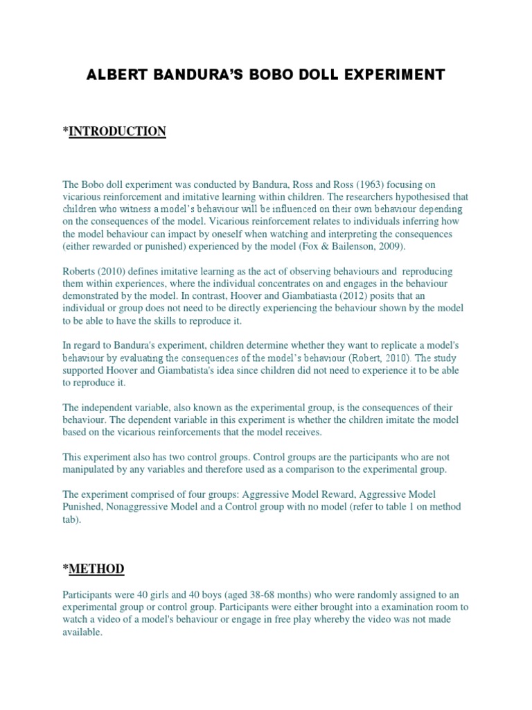 Albert Bandura - Bobo Doll Experiment | PDF | Experiment | Applied ...