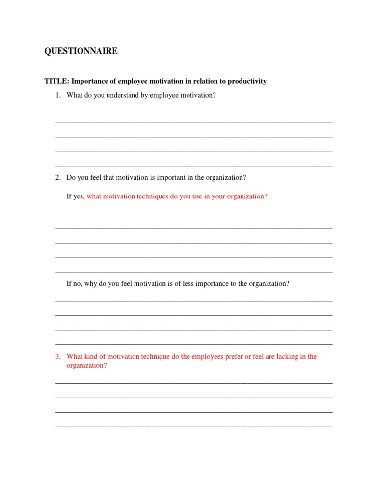 Questionnaire: TITLE: Importance of Employee Motivation in Relation To ...