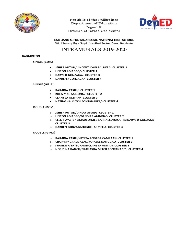 INTRAMURALS 2019-2020: Republic of The Philippines Department of ...