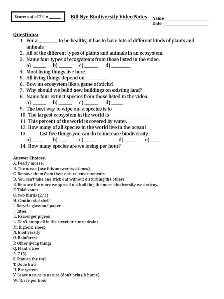 Bill Nye Biodiversity Video Notes Revmg2013 | PDF