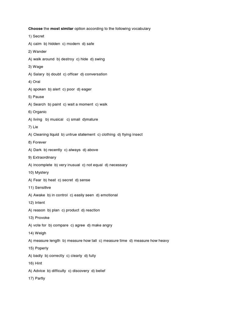 Choose The Most Similar Option According To The Following Vocabulary | PDF