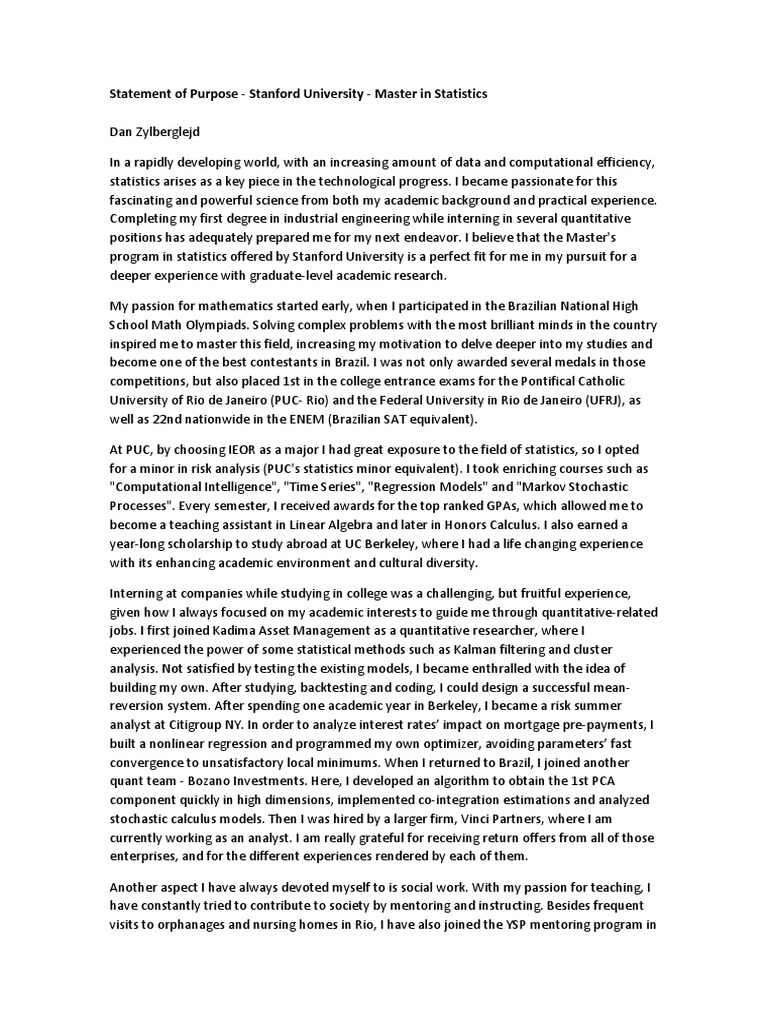 Statement of Purpose - Stanford University - Master in Statistics | PDF ...