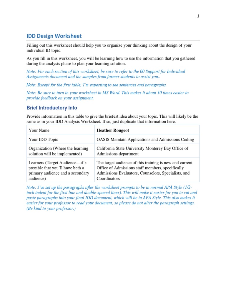 IDD Design Worksheet: Brief Introductory Info | PDF | University And ...