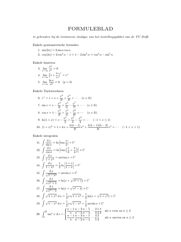 Formuleblad Calculus | PDF | Teaching Mathematics