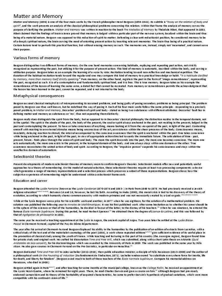 Henri Bergson - Matter and Memory | PDF | Henri Bergson | Metaphysics