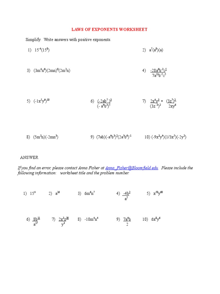 Laws of Exponents Worksheet | PDF