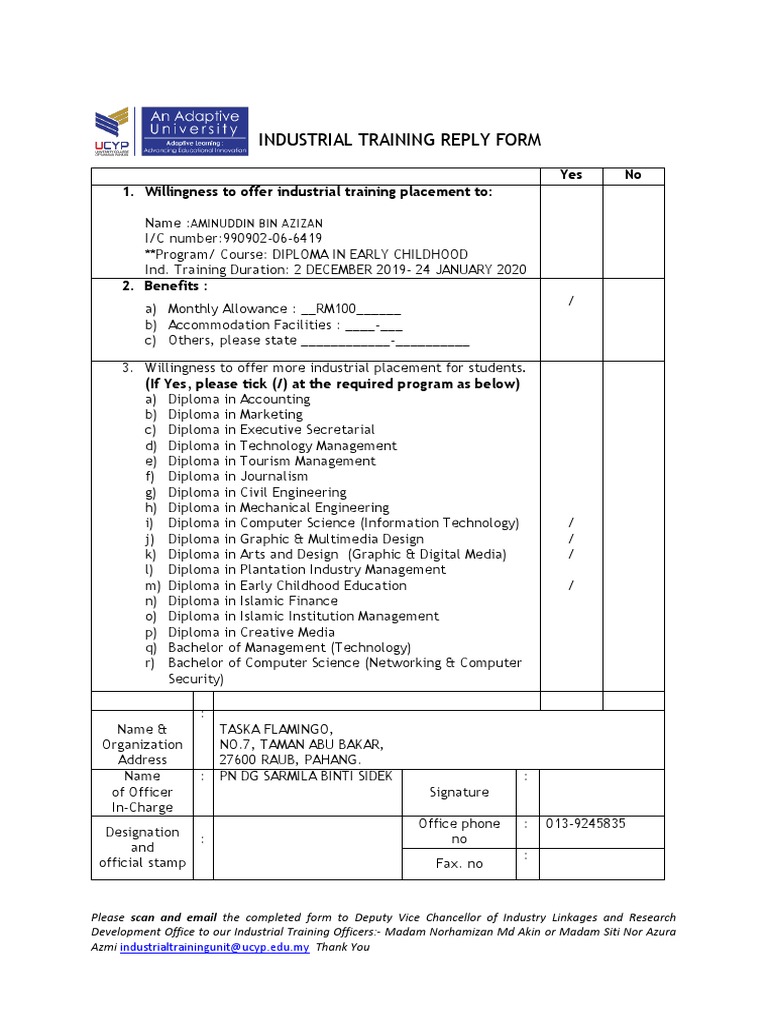 Industrial Training Reply Form: Yes No 1. Willingness To Offer ...