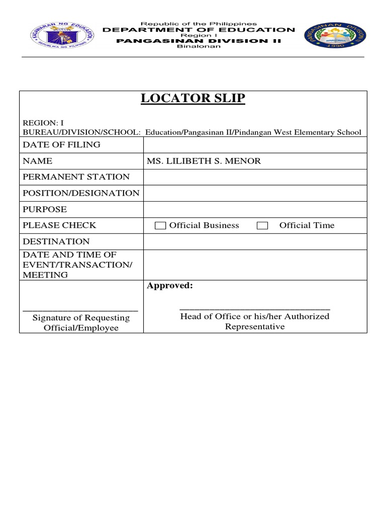 Locator Slip: Region: I BUREAU/DIVISION/SCHOOL: Education/Pangasinan II ...