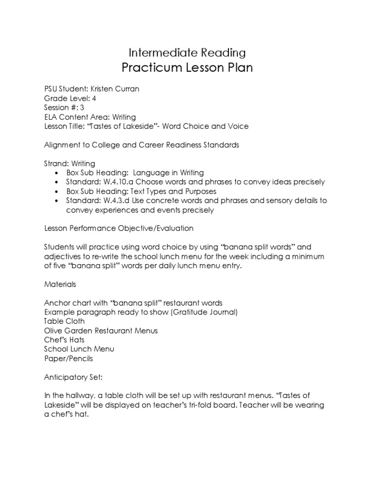 Practicum Lesson Plan: Intermediate Reading | PDF | Menu | Lunch