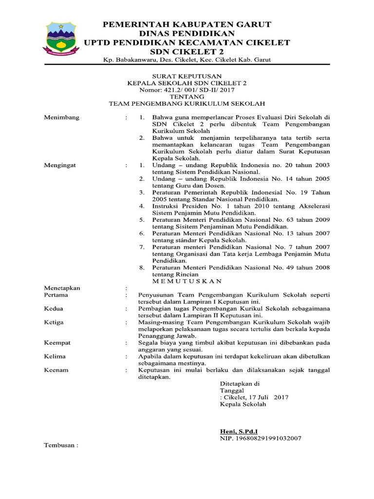 Contoh Format SK Tim Pengembang Kurikulum | PDF