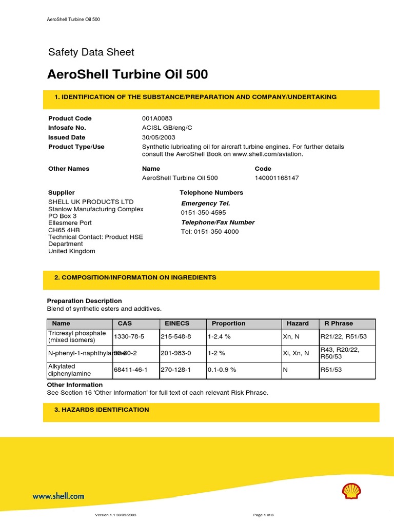 Aeroshell Turbine Oil 500: Safety Data Sheet | PDF | Personal ...
