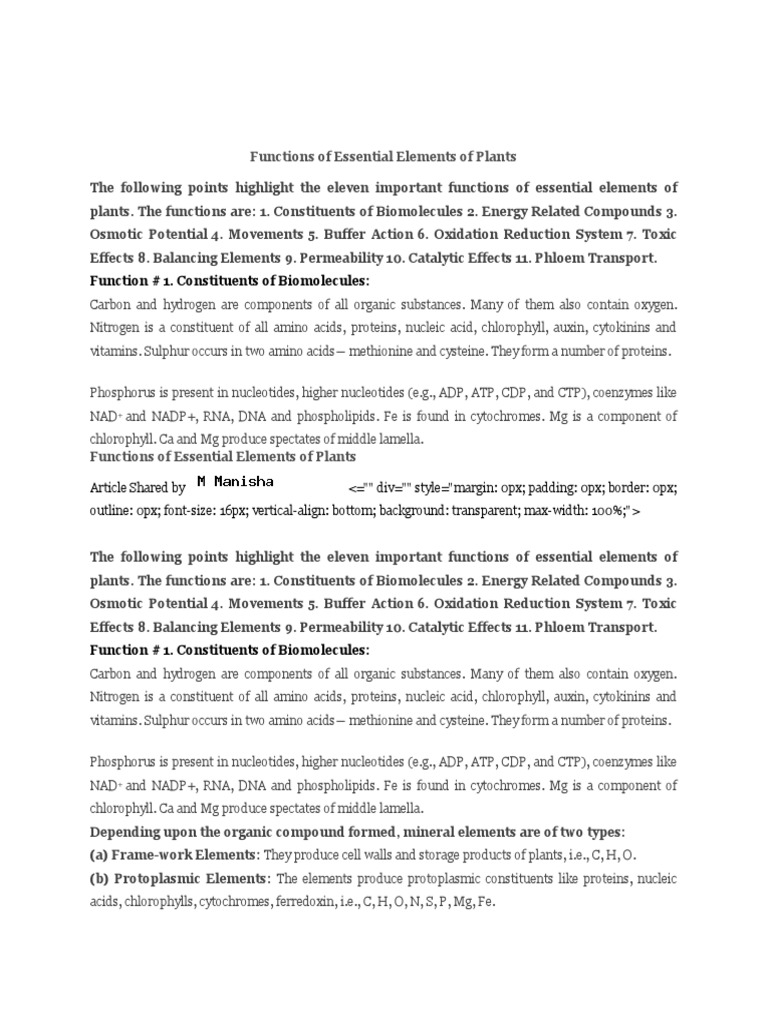 Essential Functions of Plant Elements | PDF | Magnesium | Iron