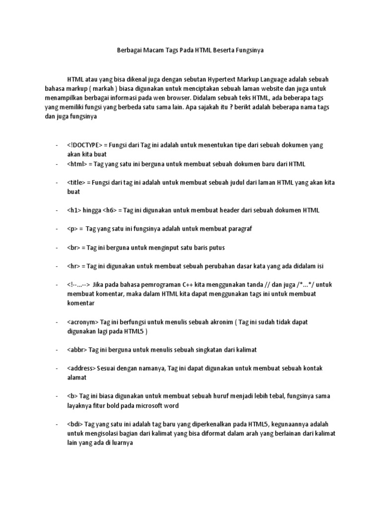 Berbagai Macam Tags Pada HTML Beserta Fungsinya | PDF
