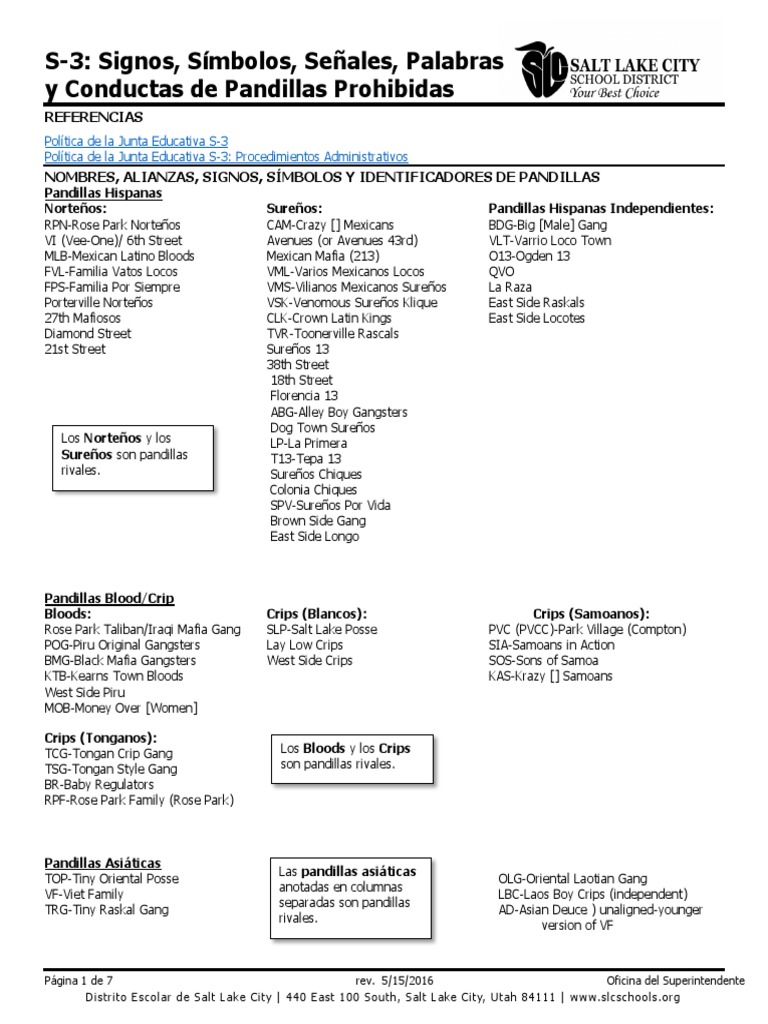 S 3 Gang Signs Symbols Signals Words and Conduct Prohibited Spanish ...
