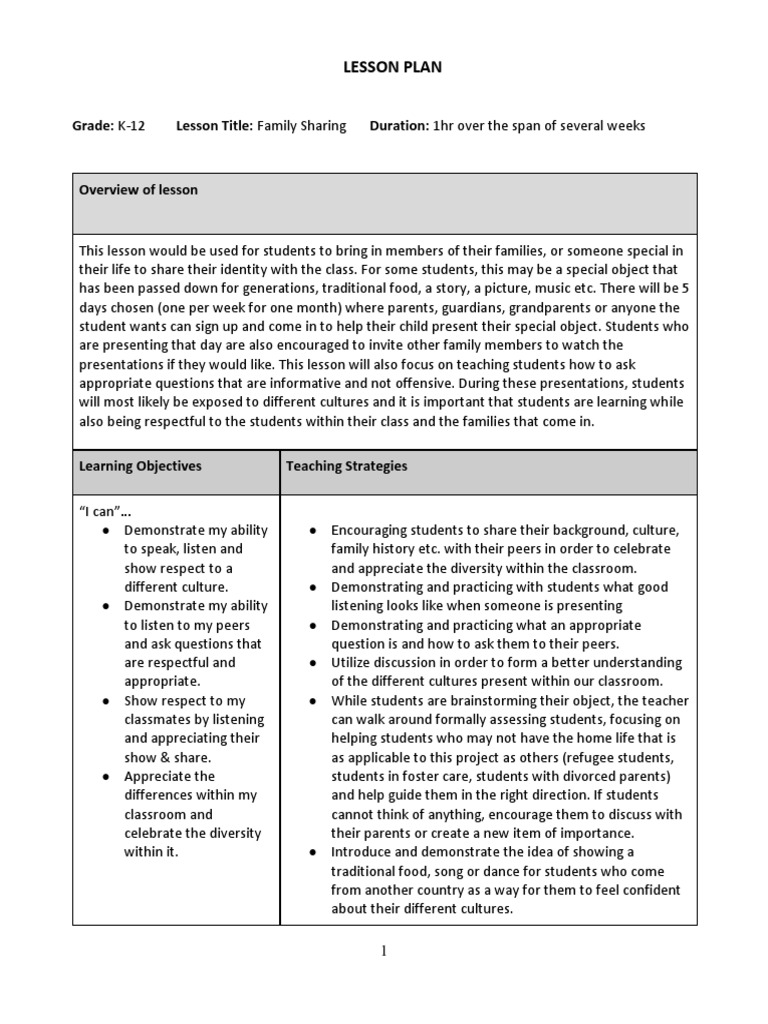 Lesson Plan: Grade: K-12 Lesson Title: Family Sharing Duration: 1hr ...
