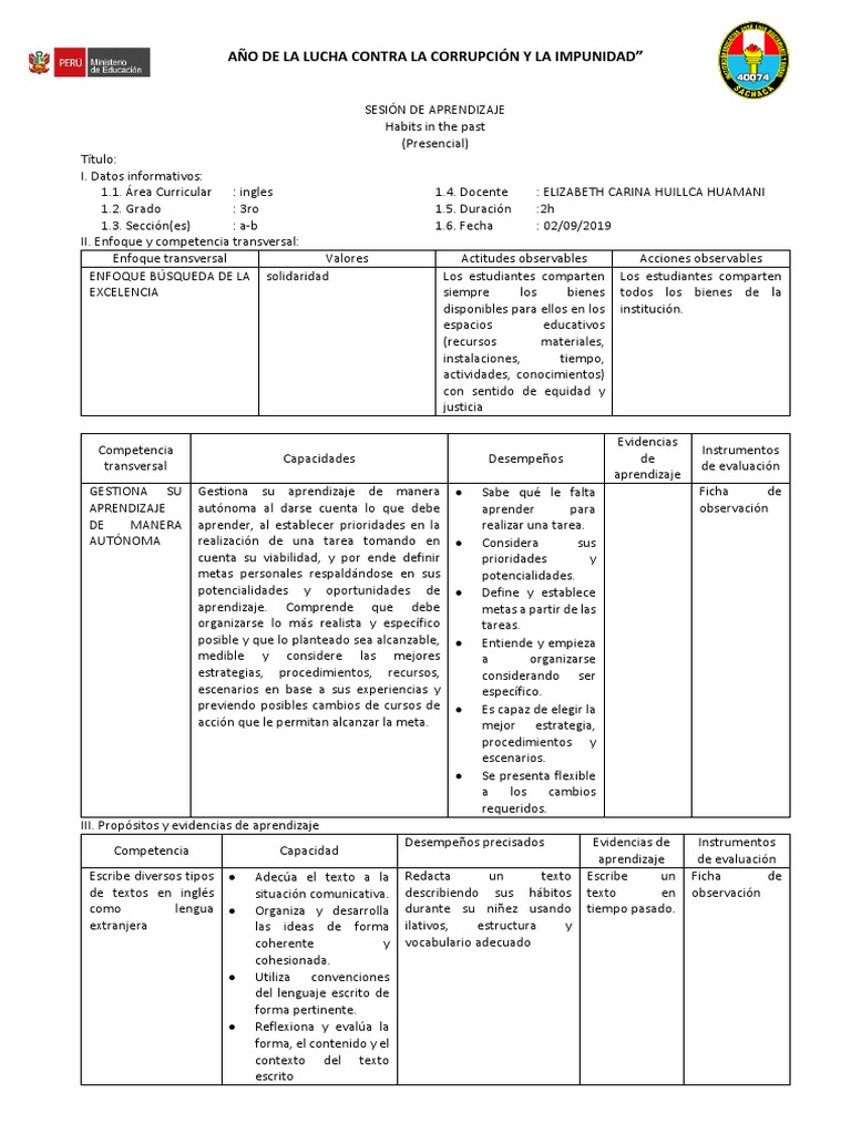 SESIÓN de APRENDIZAJE Ingles 2019 | PDF | Evaluación | Aprendizaje