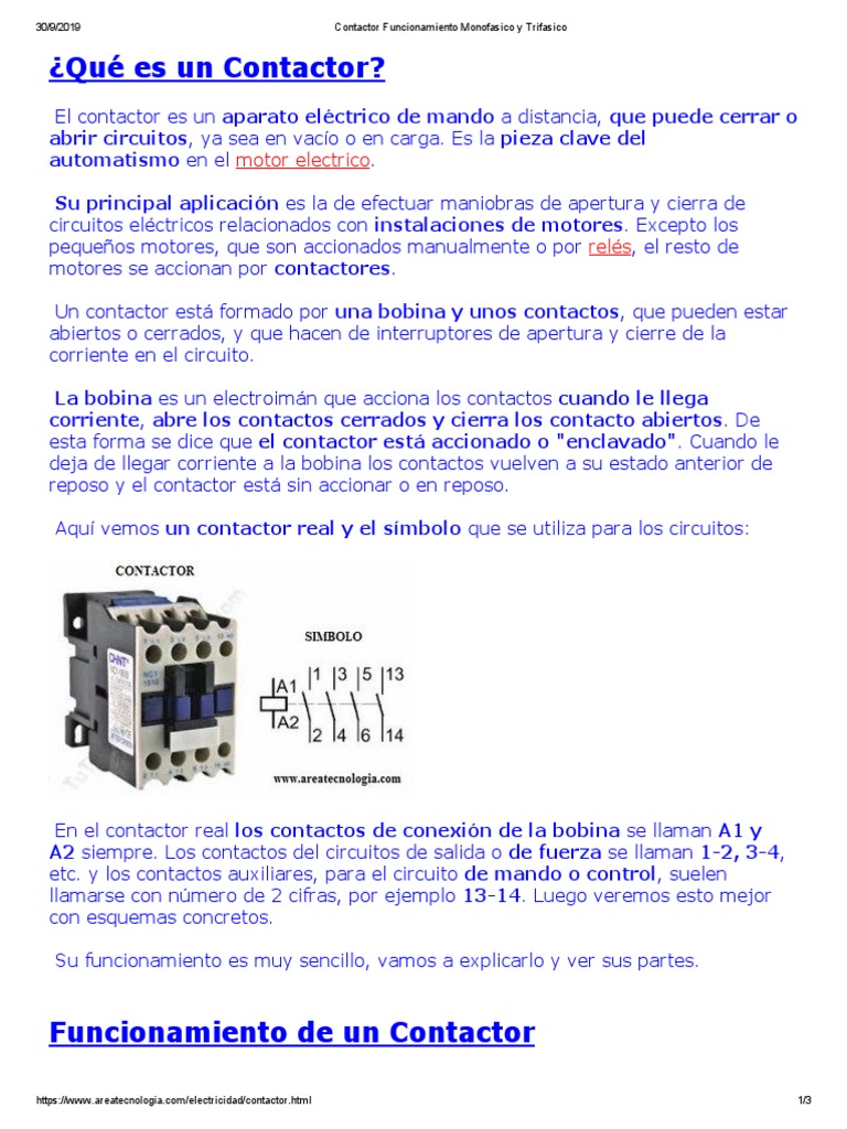 Contactor Funcionamiento Monofasico | PDF | Equipo eléctrico | Electricidad