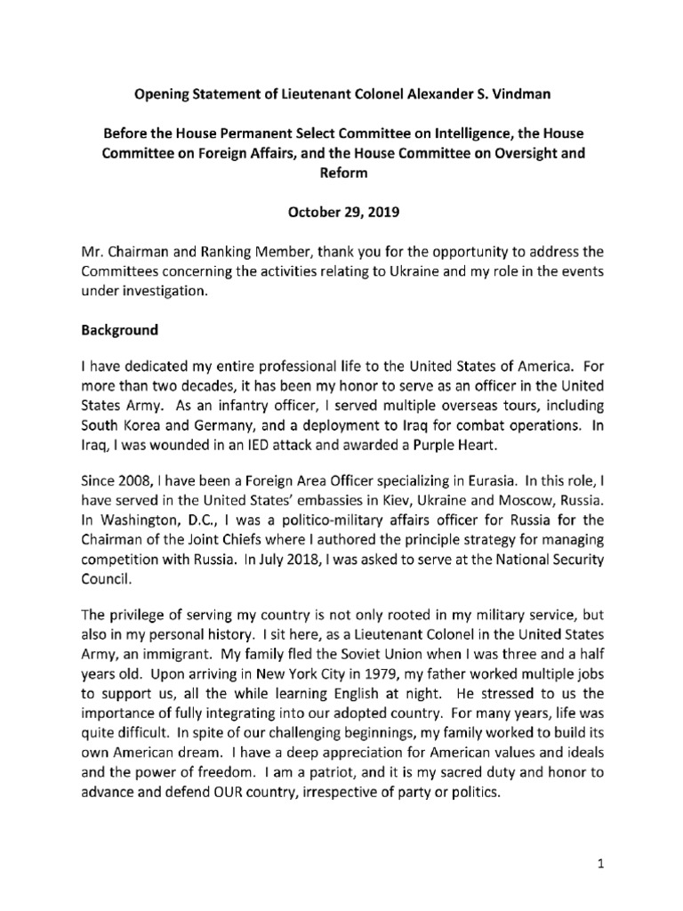 Vindman Testimony | PDF | United States National Security Council ...