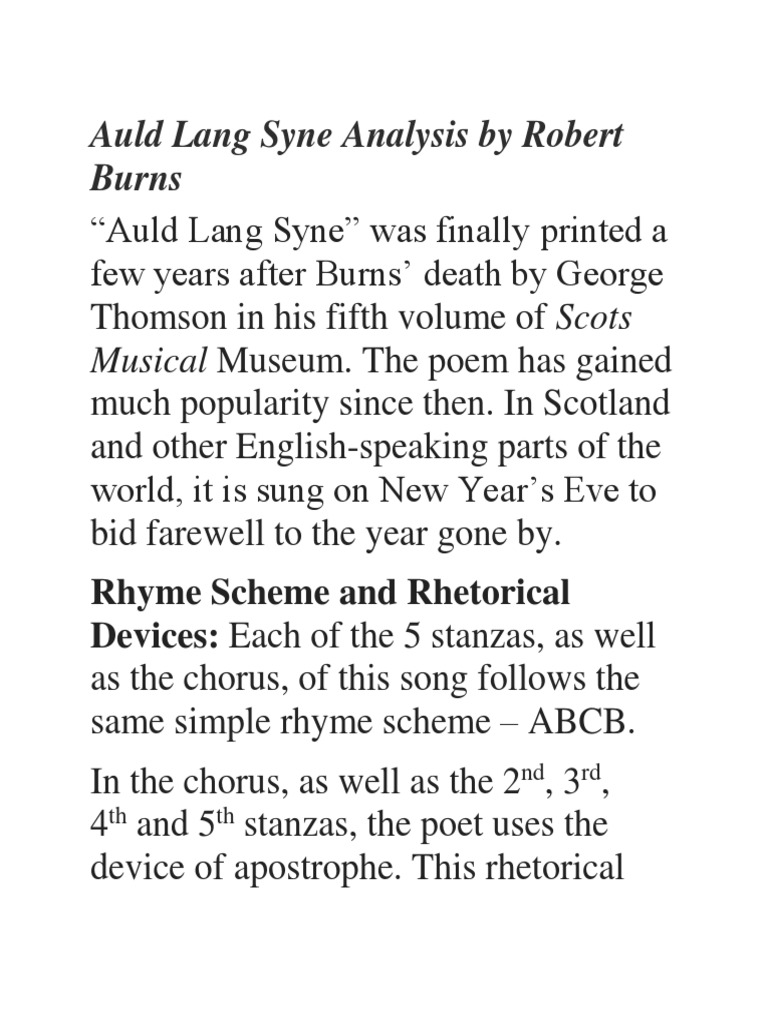 Auld Lang Syne Analysis by Robert Burns: Musical Museum. The Poem Has ...