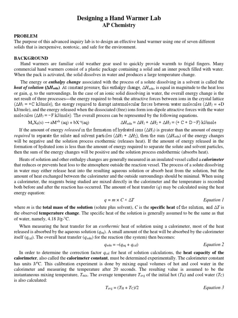 AP Chemistry Hand Warmer Lab Design | PDF | Solution | Heat