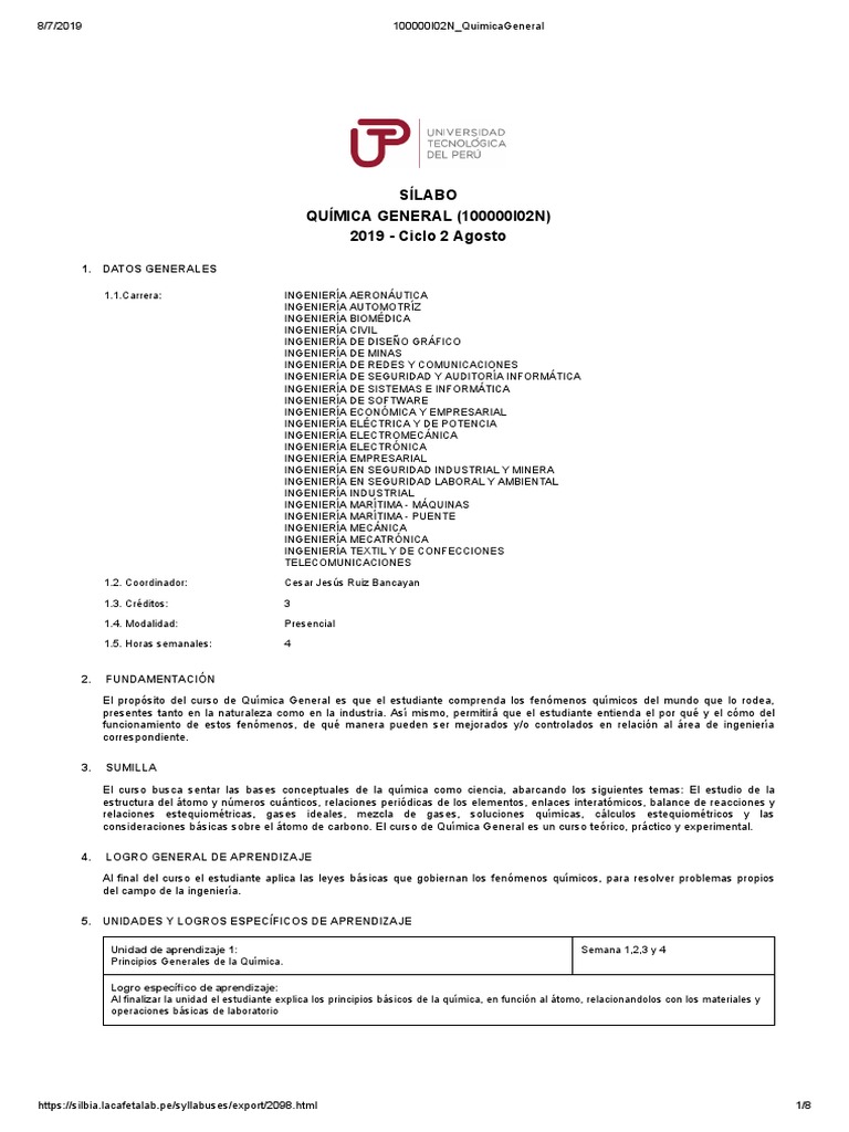 Silabo QuimicaGeneral-UTP | PDF | Compuesto inorgánico | Química