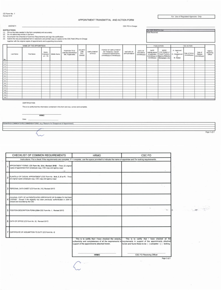 CS Form No. 1 Revised 2018 Appointment Transmittal and Action Form ...