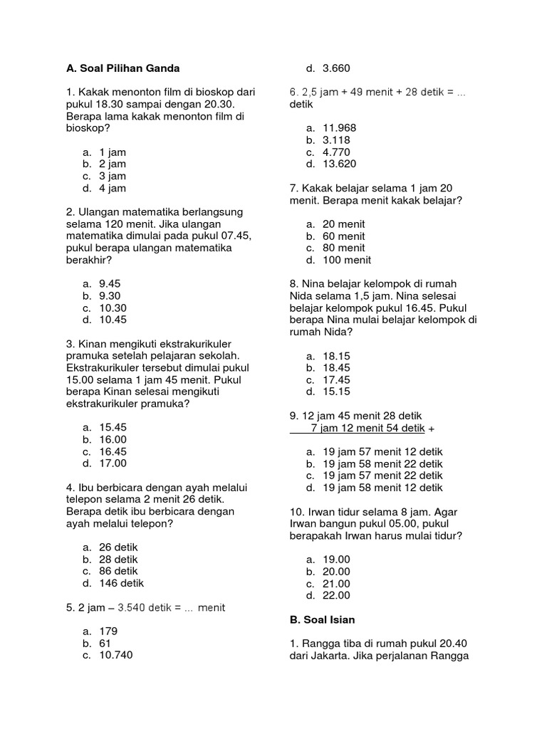 Soal Latihan Matematika Kelas 5 SD Satuan Waktu | PDF