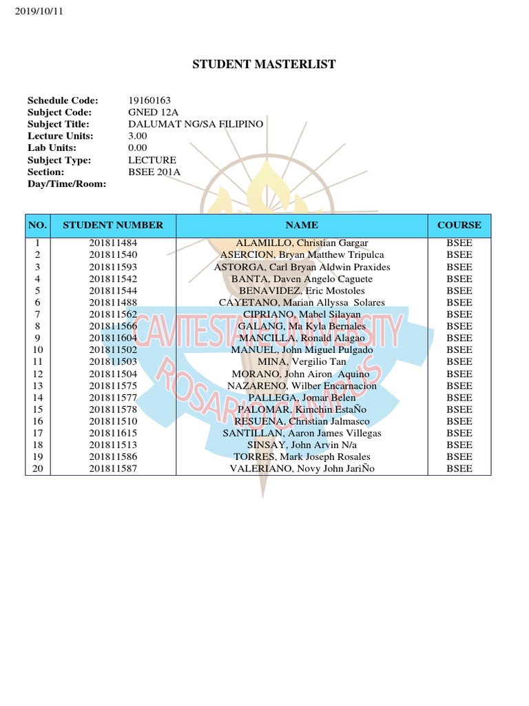 BSEE Student Masterlist for GNED 12A | PDF