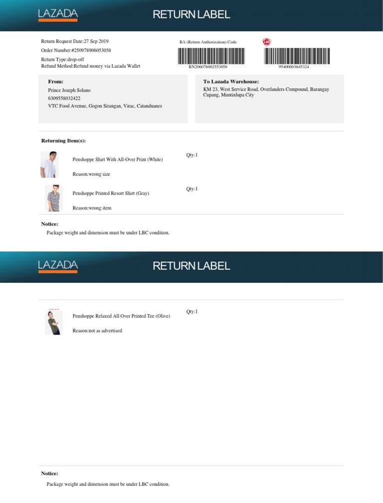 Returnlabel: To Lazada Warehouse: From | PDF