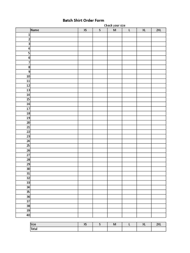 Batch Shirt Order Size Form | PDF