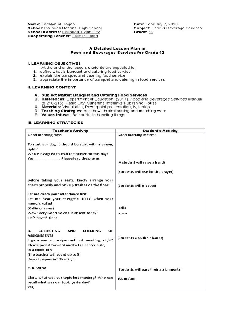 FBS Lesson Plan 3.1 | PDF | Lesson Plan | Restaurants